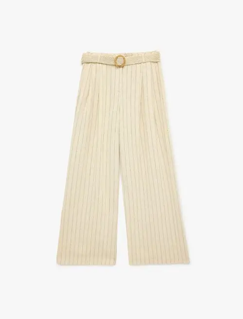 Koton Linen Blend Belted Baggy Full Length Striped Trousers