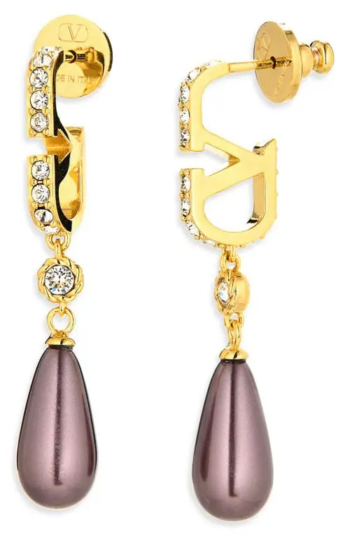 Valentino Garavani Vlogo Drop Earrings With Crystal Accents And Glass Teardrops - Gold