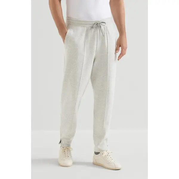 Brunello Cucinelli Cashmere Double Knit Trousers With Crête Detail And Elasticated Zipper Cuffs - Light Grey