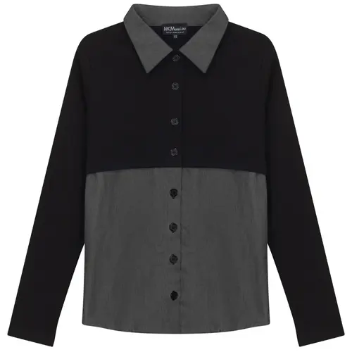 Mcm Maternity Contrast Collar Denim Panel Button Front Blouse - Black
