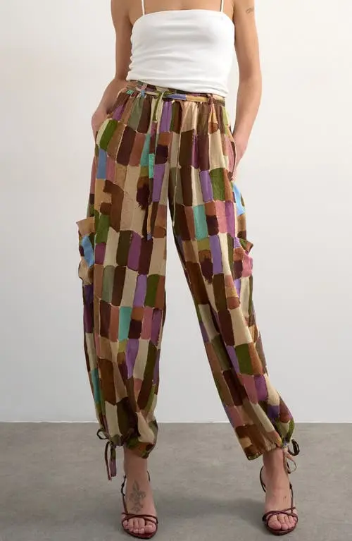 Topshop Abstract Print Linen Blend Cargo Pants - Brown