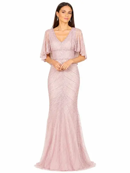 LARA NEW YORK Beaded Faux-wrap V-neck Bridal Gown - Blush