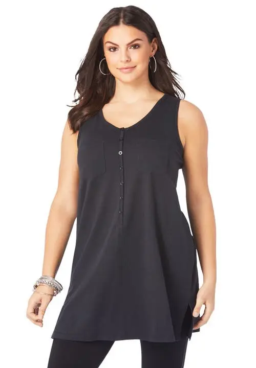 Roaman's Ultimate Henley Tunic Tank - Black