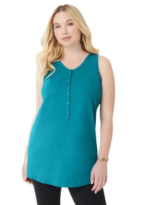 Roaman's Ultimate Henley Tunic Tank - Deep Turquoise