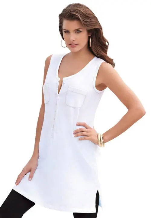 Roaman's Ultimate Henley Tunic Tank - White