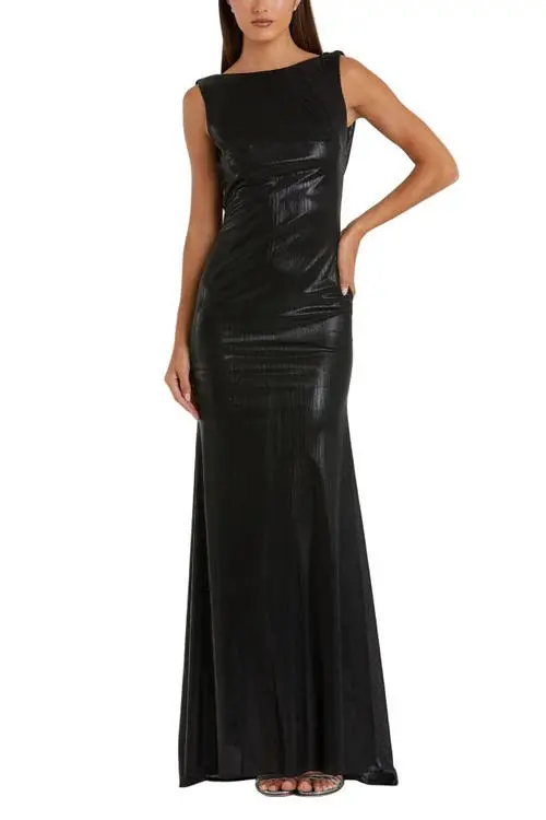 Mac Duggal Petite Metallic Column Evening Gown With Elegant Cowl Back - Black