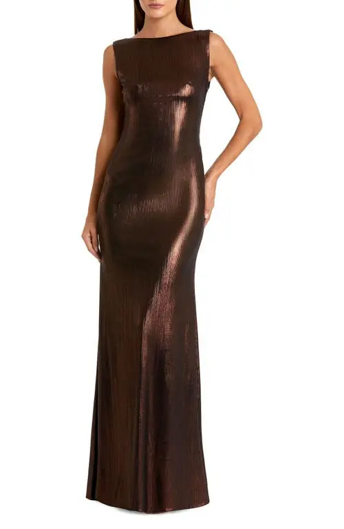 Mac Duggal Petite Metallic Column Evening Gown With Elegant Cowl Back - Espresso