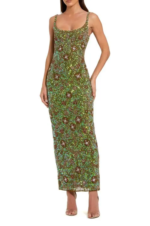 Mac Duggal Embellished Sleeveless Scoop Neck Column Maxi Dress - Olive
