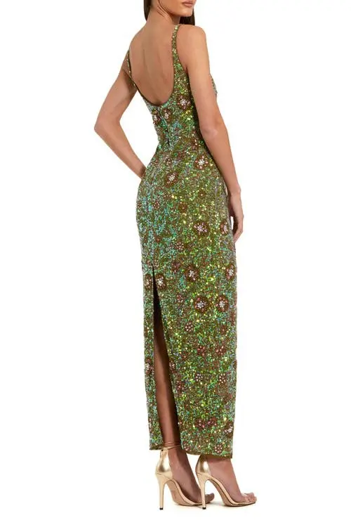 Mac Duggal Petite Sleeveless Hand-embellished Floral Midi Dress - Olive