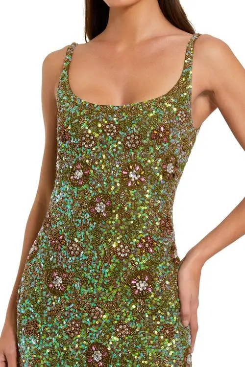 Mac Duggal Petite Sleeveless Hand-embellished Floral Midi Dress - Olive