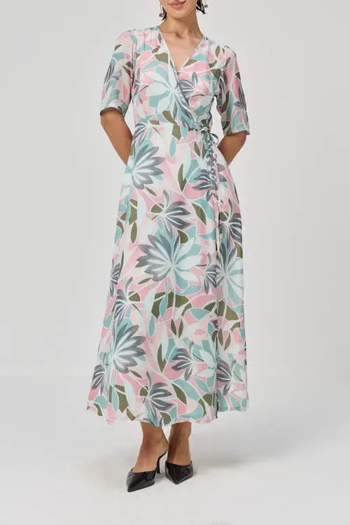 REISTOR Abstract Floral Wrap Maxi Dress - Coastal Bloom