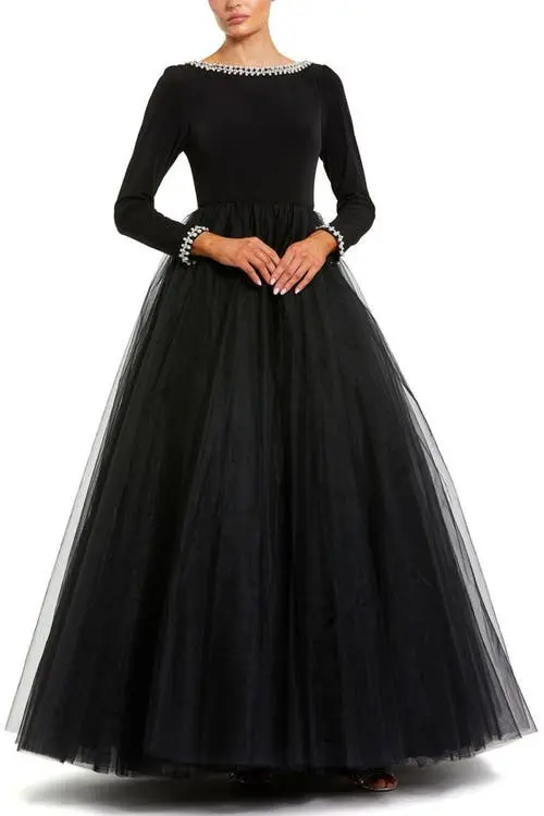 Mac Duggal Embellished Long Sleeve Tulle Ballgown - Black