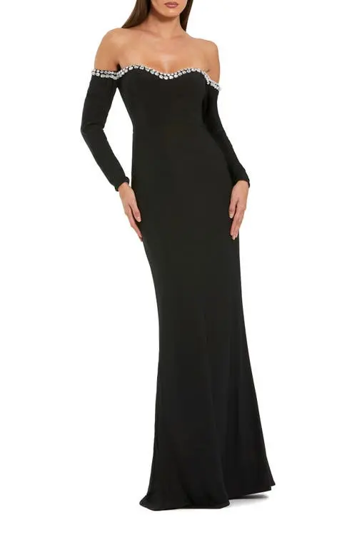 Mac Duggal Long Sleeve Off The Shoulder Mermaid Gown With Embellished Trim - Black