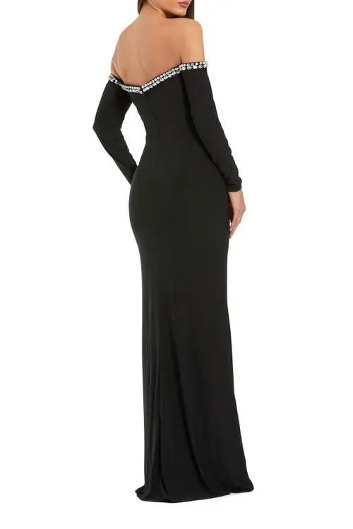 Mac Duggal Long Sleeve Off The Shoulder Mermaid Gown With Embellished Trim