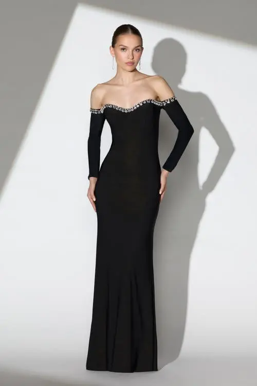 Mac Duggal Long Sleeve Off The Shoulder Mermaid Gown With Embellished Trim