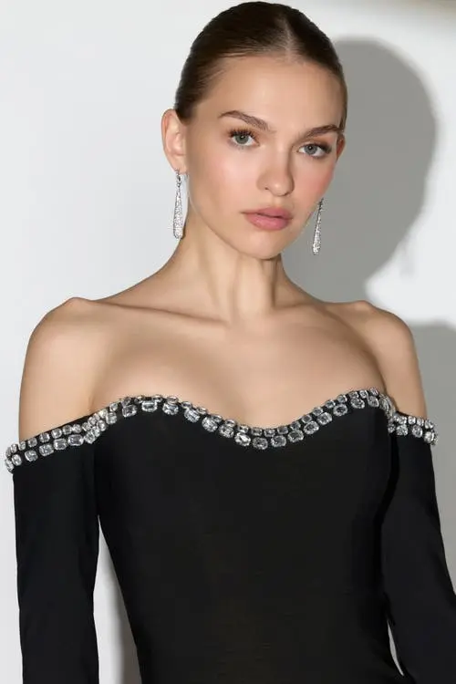 Mac Duggal Long Sleeve Off The Shoulder Mermaid Gown With Embellished Trim