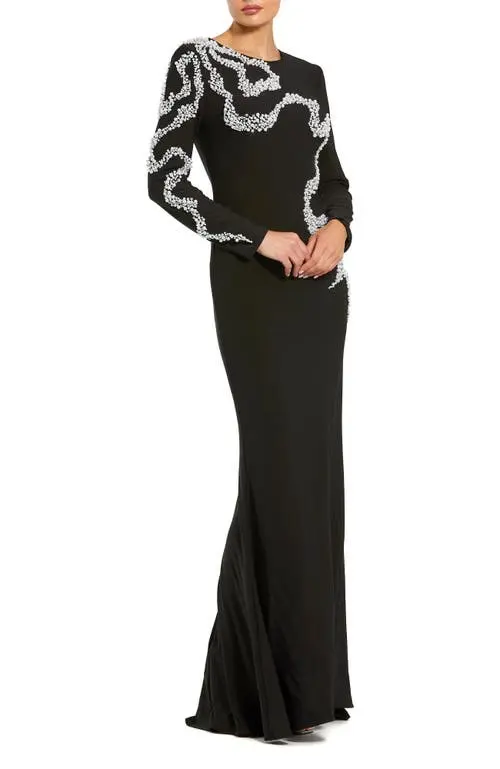 Mac Duggal Petite Jersey Long Sleeve Embellished Gown - Black