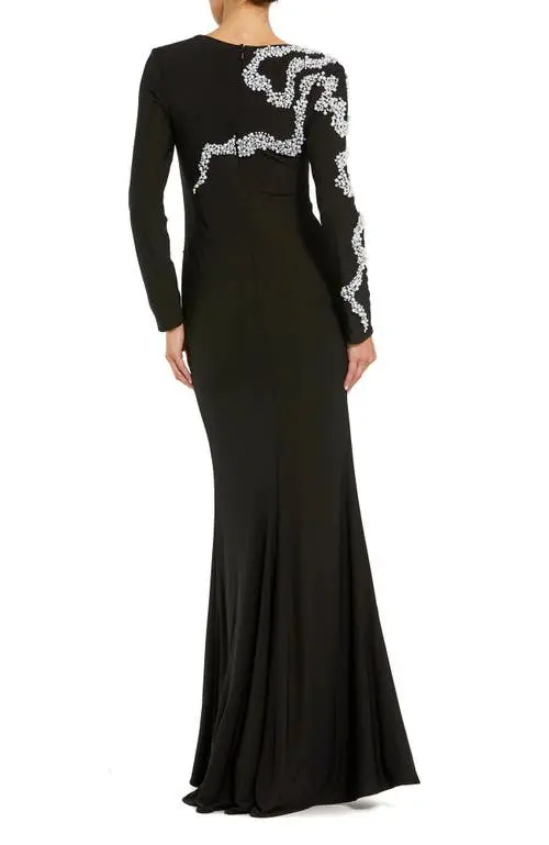 Mac Duggal Petite Jersey Long Sleeve Embellished Gown