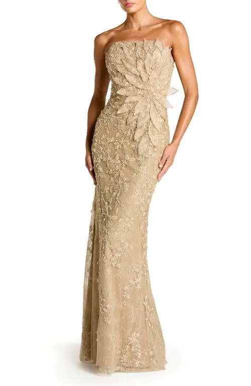 Mac Duggal Petite Strapless Embellished Lace Gown With 3d Flower - Gold