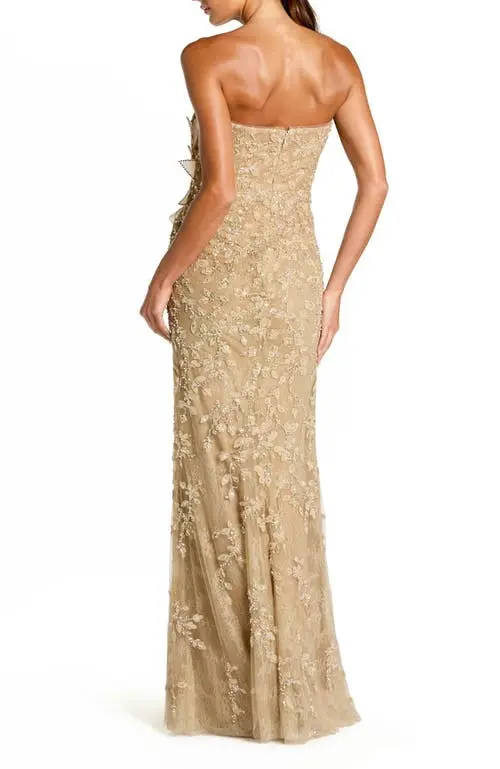 Mac Duggal Petite Strapless Embellished Lace Gown With 3d Flower Detail