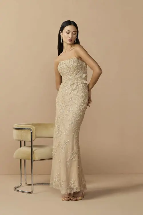 Mac Duggal Petite Strapless Embellished Lace Gown With 3d Flower Detail