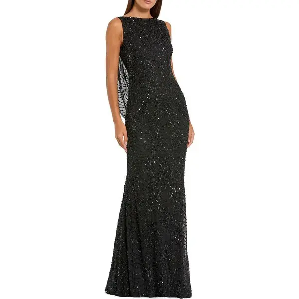 Mac Duggal Sleeveless Embellished Gown With Draped Beading - Black