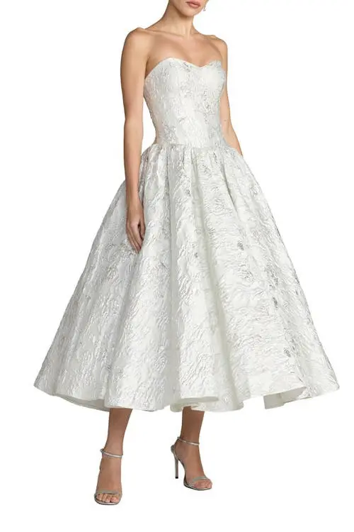 Mac Duggal Brocade Strapless Dropwaist Midi Dress - Ivory
