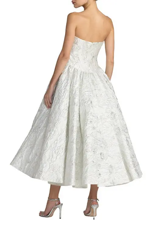 Mac Duggal Strapless Jacquard Tea Length Ball Gown