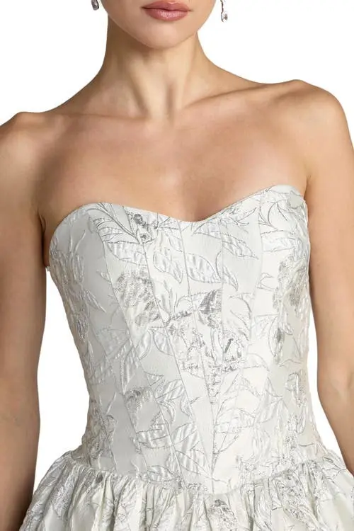 Mac Duggal Strapless Jacquard Tea Length Ball Gown