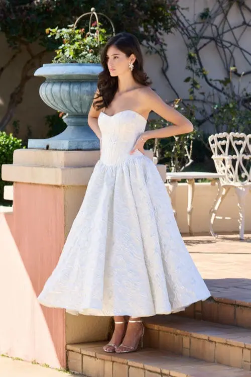 Mac Duggal Strapless Jacquard Tea Length Ball Gown