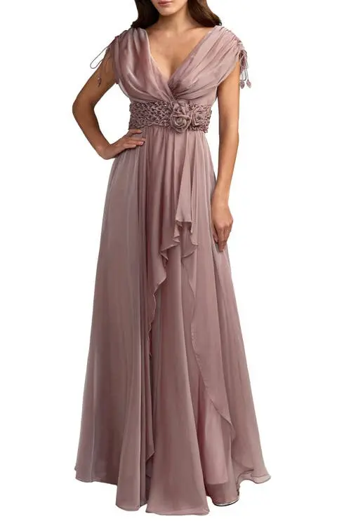 Mac Duggal Beaded Chiffon Gown With Drape Sleeves - Mocha