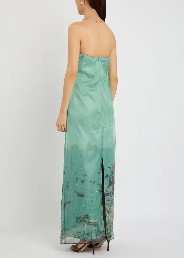 Staud Amara Embellished Printed Organza Maxi Dress - Blue