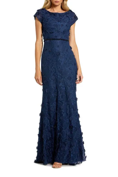Mac Duggal Petite Floral Appliqué Boat Neck Cap Sleeve Gown - Midnight