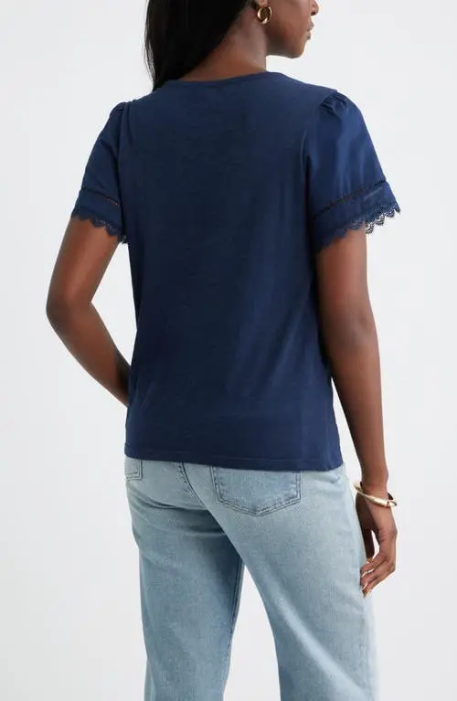 Caslon Mixed Media Lace Trim T-shirt - Navy Still