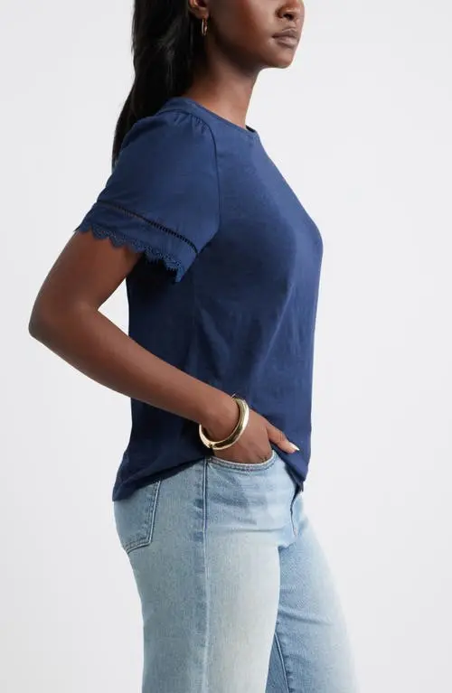 Caslon Mixed Media Lace Trim T-shirt - Navy Still