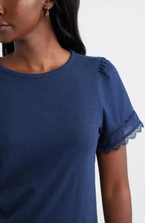 Caslon Mixed Media Lace Trim T-shirt - Navy Still