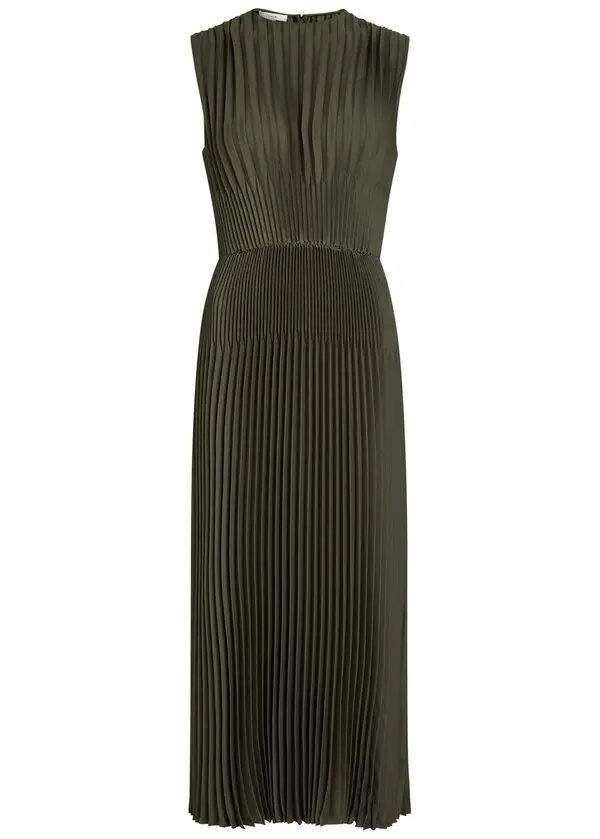 Vince Pleated Satin-crepe Midi Dress - Khaki