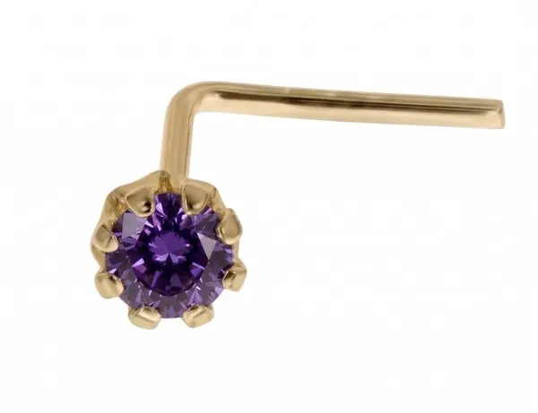 Zahav Jewelry 14k Solid Gold 24g 1.5mm Cz L-shape Nose Stud - Purple