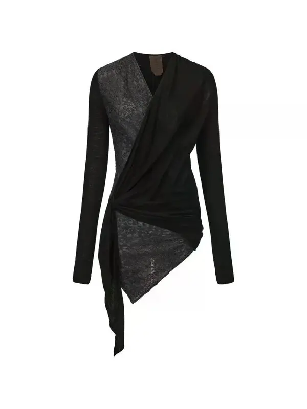 ELYWOOD Wrap-style Asymmetric-hem Long-sleeved Blouse - Black