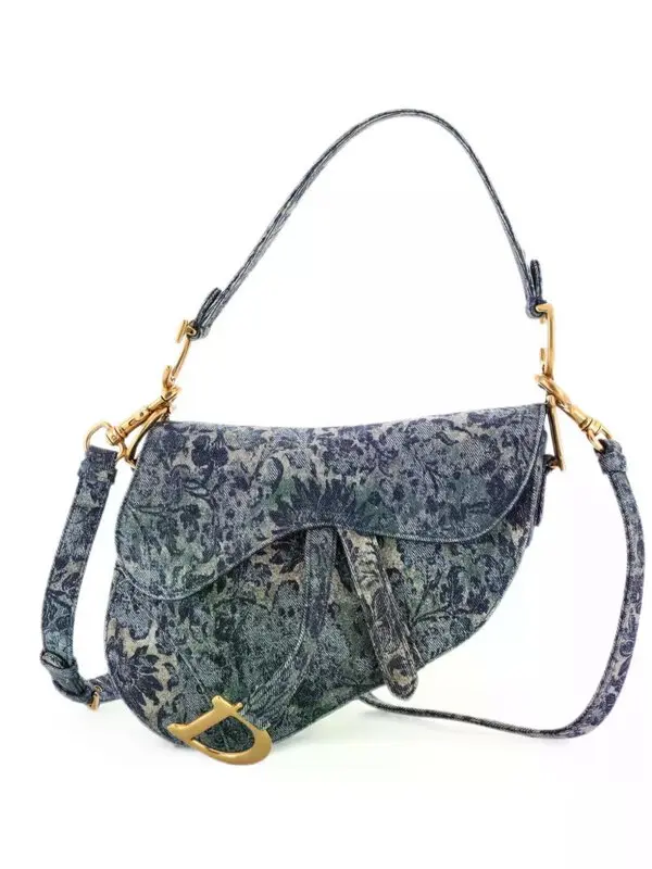 Dior Saddle Handbag Printed Denim Medium Shoulder Bag - Blue