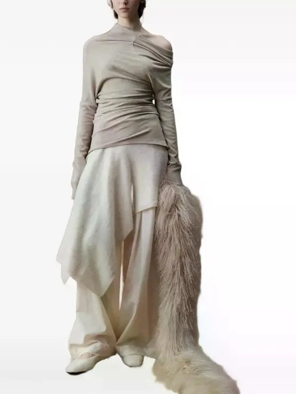 ELYWOOD Asymmetric Draped Off-shoulder Long-sleeved T-shirt - Neutrals