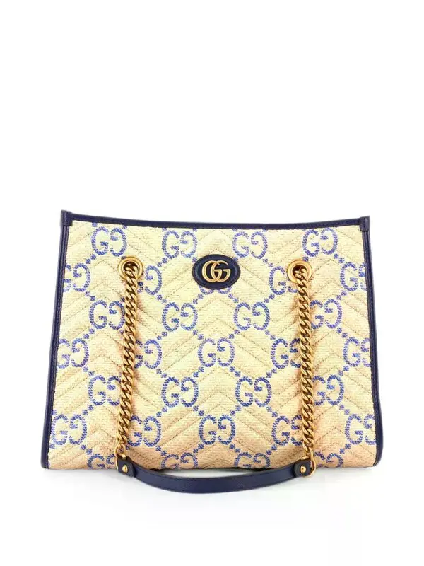 Gucci Gg Marmont Aria Chain Shopping Jumbo Gg Matelasse Raffia Medium Tote Bag - Blue