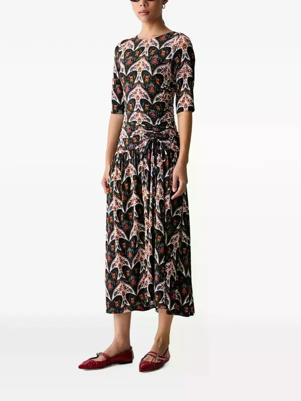 Farm Rio Graphic-print Gathered Midi Dress - Black