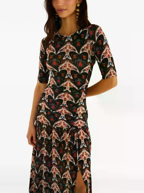 Farm Rio Graphic Print Gathered Midi Dress - Black