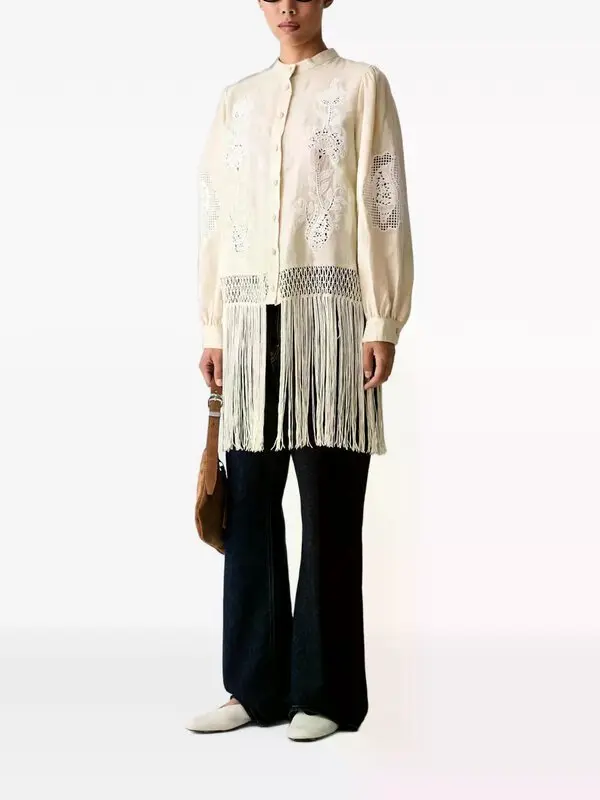 Farm Rio Fringed Broderie-anglaise Shirt - Neutrals