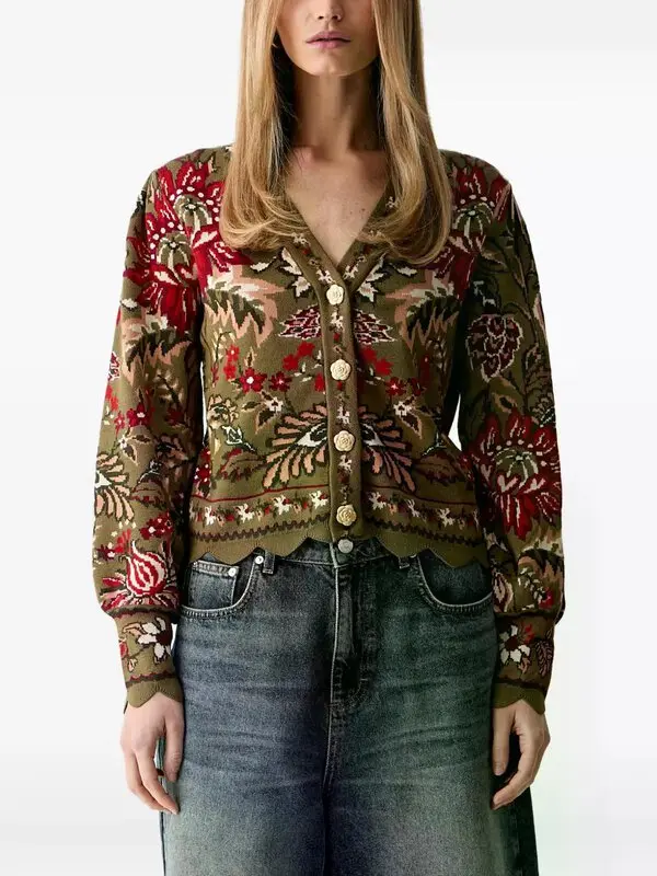 Farm Rio Floral-pattern Scallop-hem Cardigan - Green