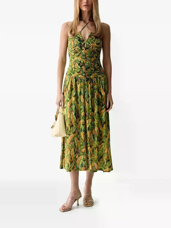 Farm Rio Graphic-print Ruched Midi Dress - Green