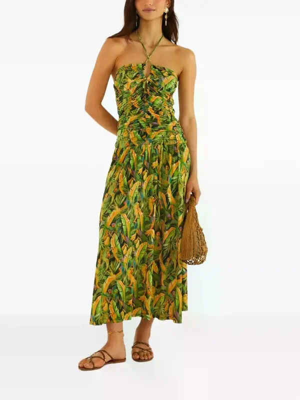 Farm Rio Graphic Print Ruched Midi Dress - Green