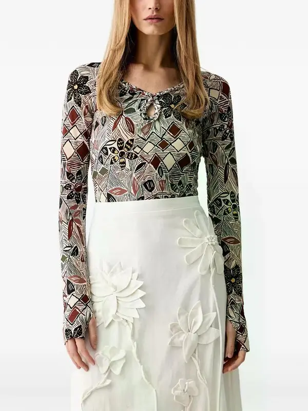 Farm Rio Floral & Geometric Print Keyhole Neck T-shirt - Neutrals