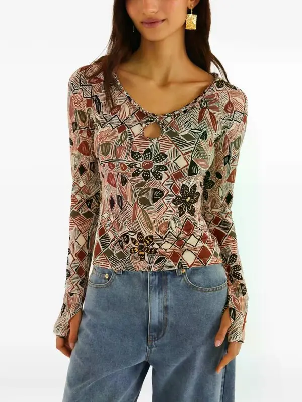 Farm Rio Floral & Geometric Print Keyhole Neck T-shirt - Neutrals